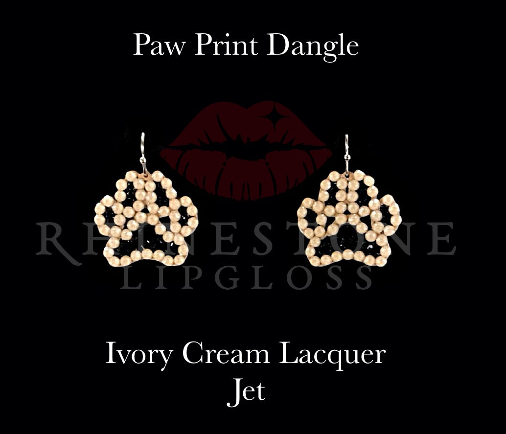 Paw Print Dangle Ivory Cream Lacquer Outline, Jet Fill – Rhinestone ...